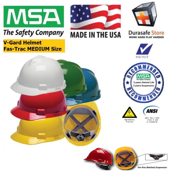 MSA V-Gard Slotted Safety Helmet Fas-Trac III Suspension PSB Approved ...